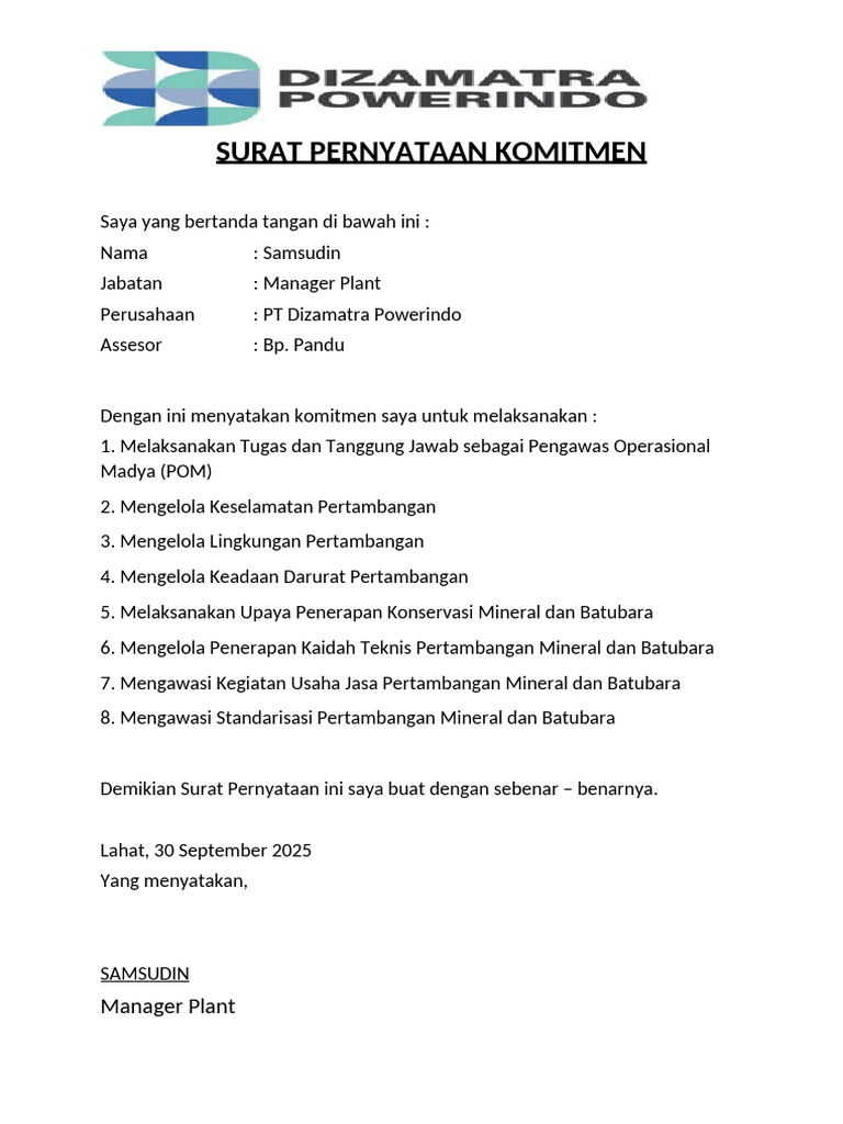 Surat Pernyataan Komitmen Pom | PDF