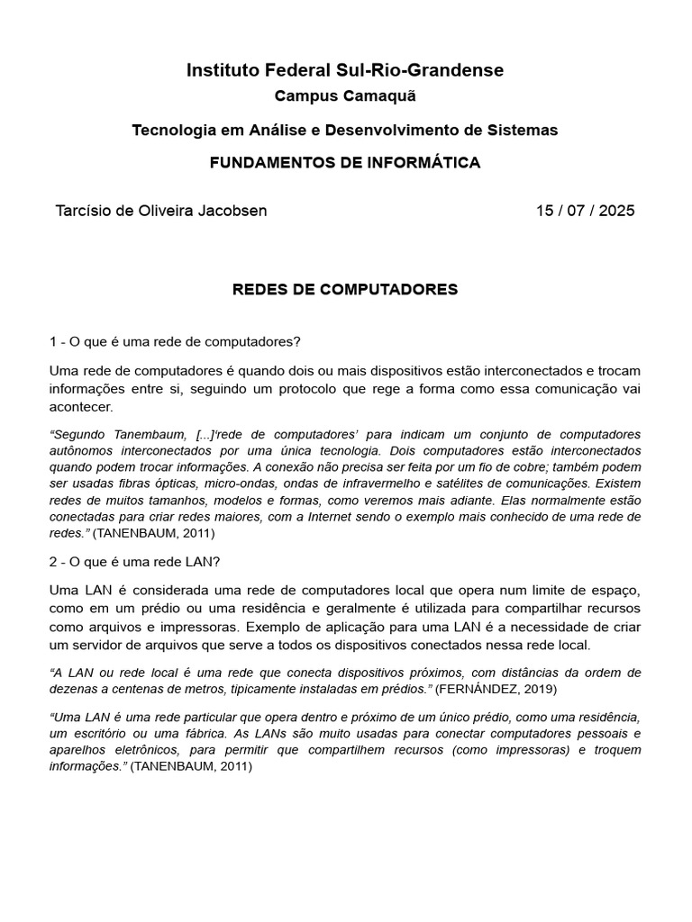 Trabalho 08. Conceitos de Redes - Fundamentos de Informática | PDF ...