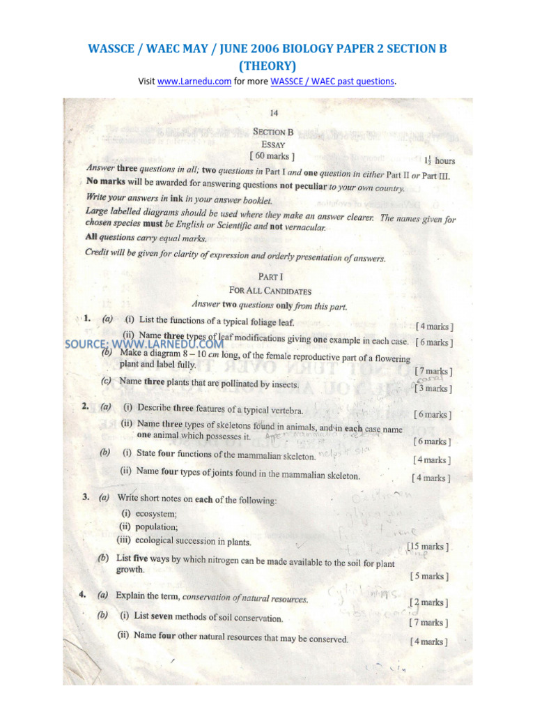 WASSCE WAEC Biology May June 2006 Paper 2 Section B Theory | PDF