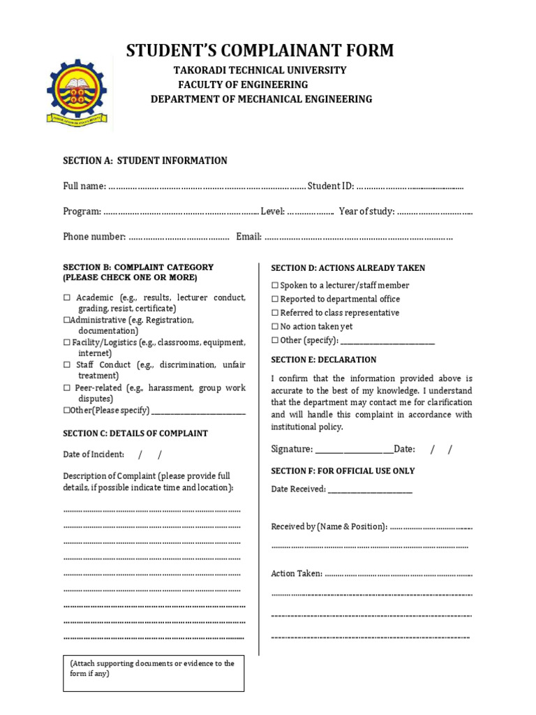 Student Complaint Form - Takoradi University | PDF