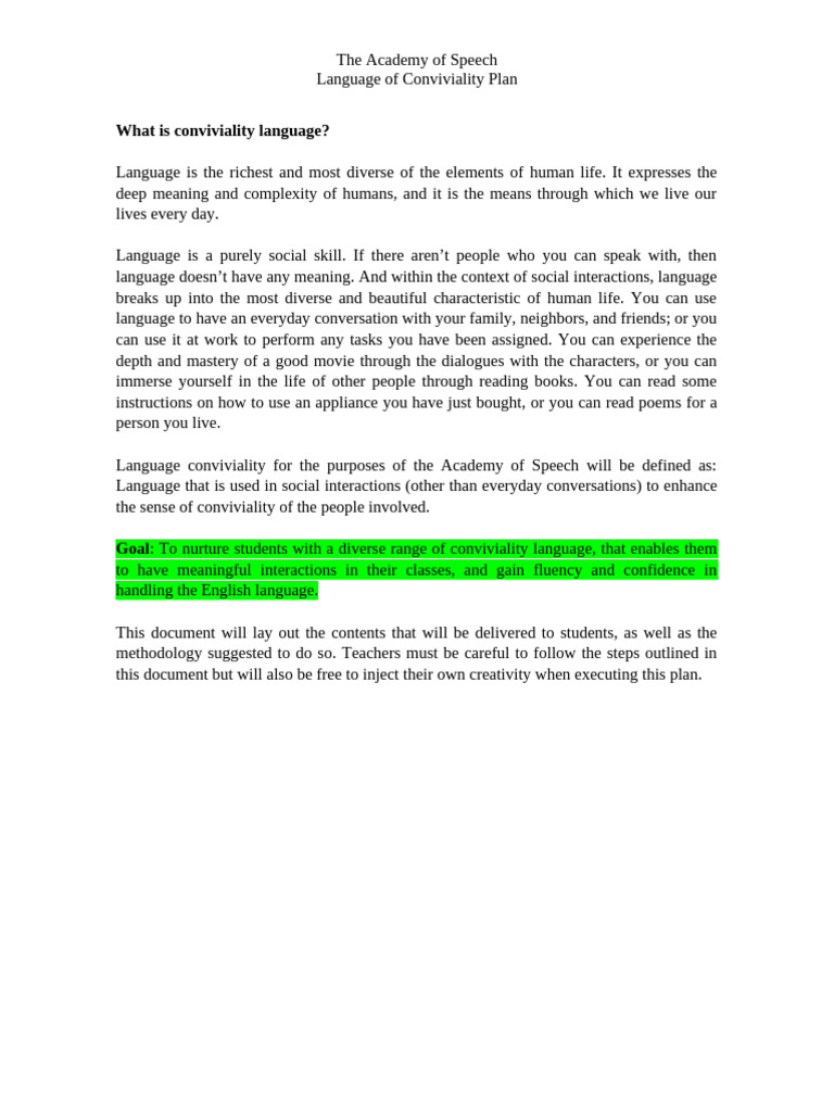 Language of Conviviality Plan - Draft | PDF | Human Communication ...