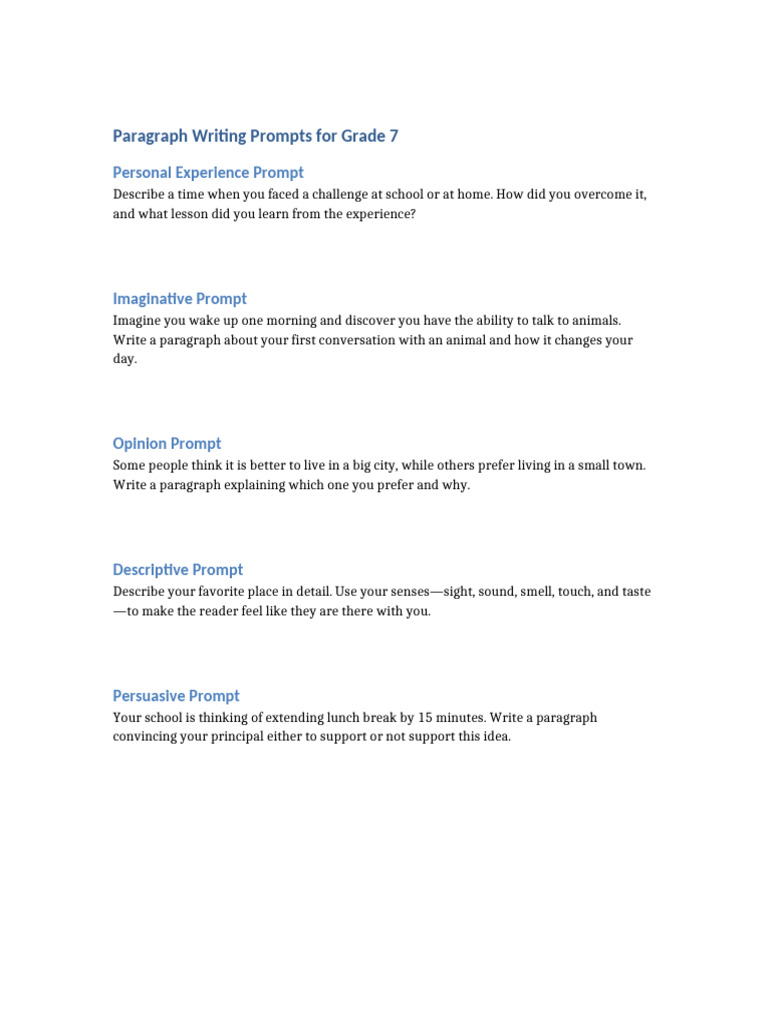 Grade 7 Paragraph Writing Prompts | PDF