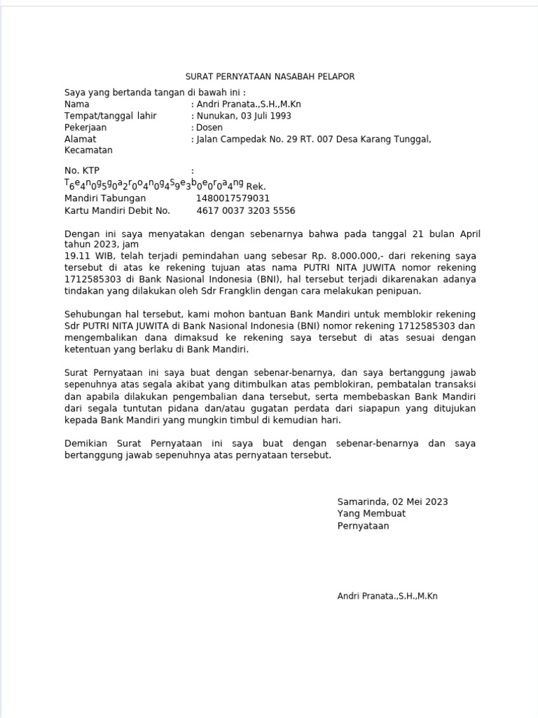 PDF Template Surat Pernyataan Indikasi Penipuan | PDF