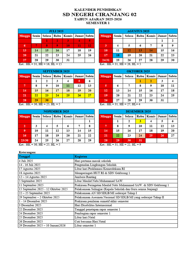 Kalender Pendidikan 2025-2026 SDN Ciranjang 02 | PDF