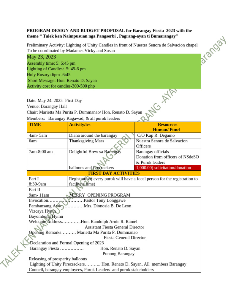 Barangay Fiesta 2023 Program & Budget | PDF