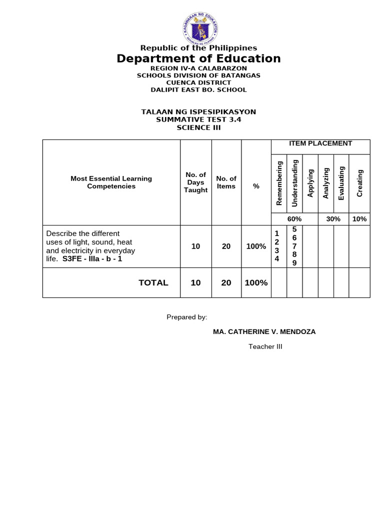 Science3 Summative Test 3.4 | PDF