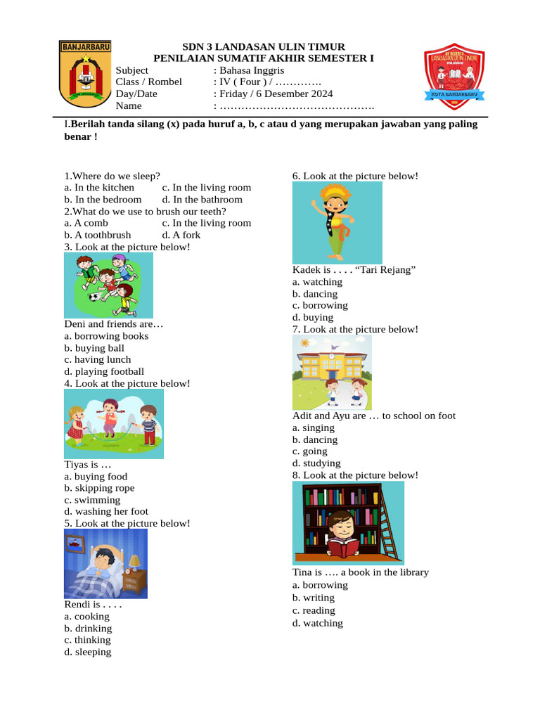 Soal B. Ingg Mam Olin Kelas 4 Semester 1 | PDF | Chess Theory | Chess