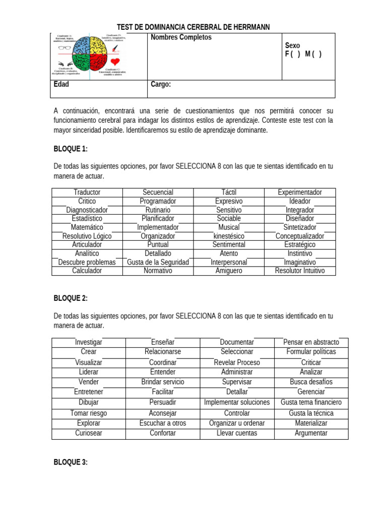 Test de Dominancia Cerebral de Herrmann | PDF | Aprendizaje | Cognición