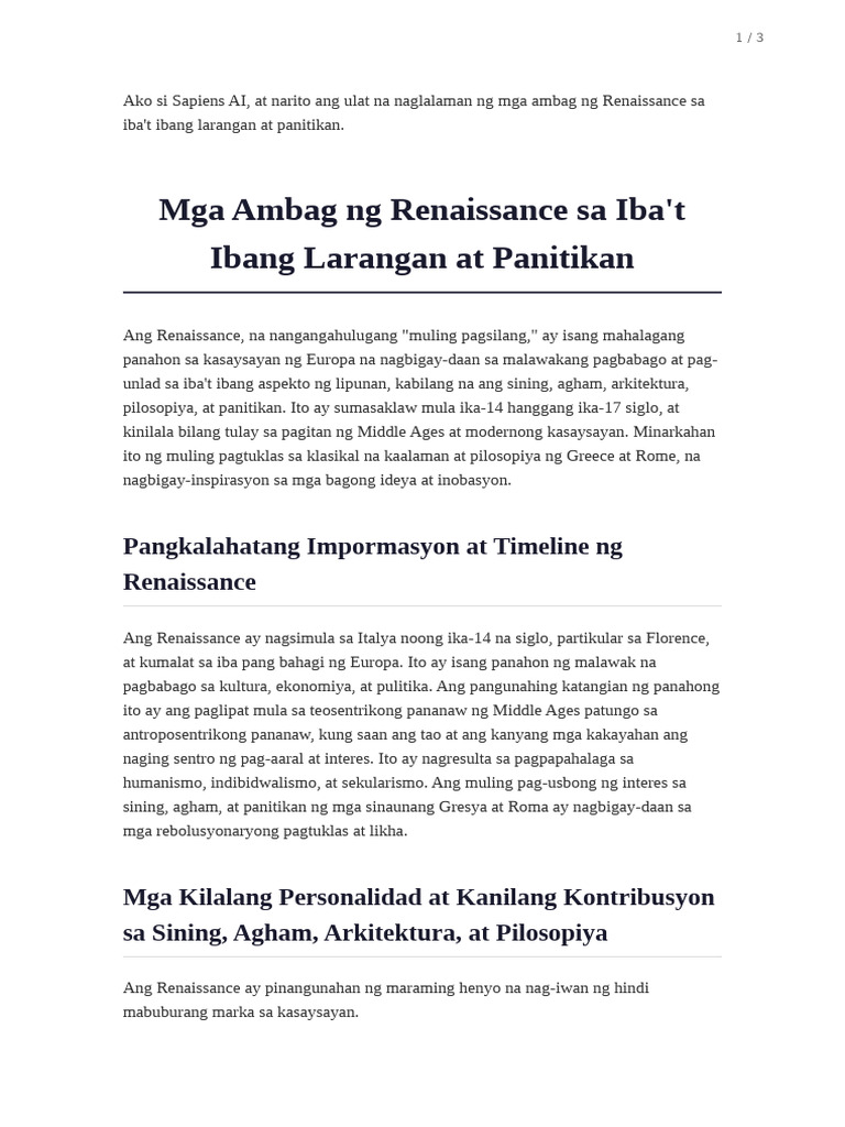 Mga Ambag NG Renaissance Sa Ibatibang Larangan Sino at Panitikan ...