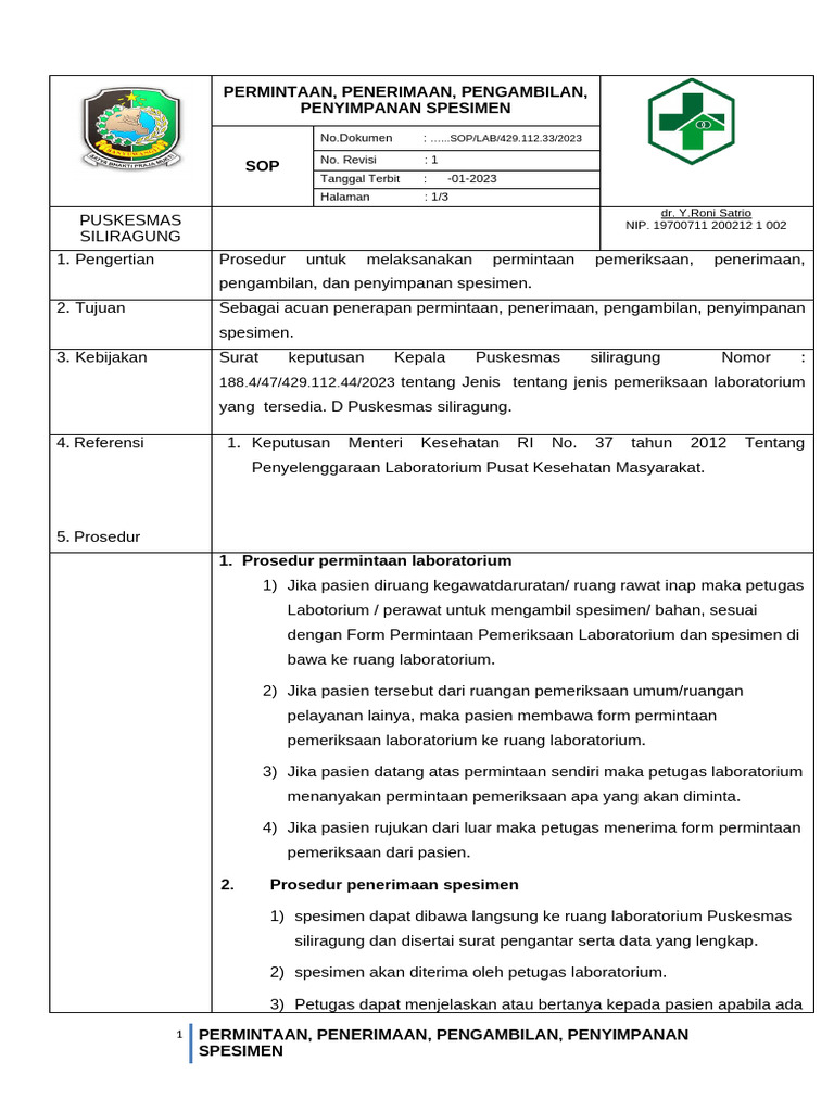 SOP Permintaan, Penerimaan, Pengambilan, Dan Penyimpanan Spesimen | PDF