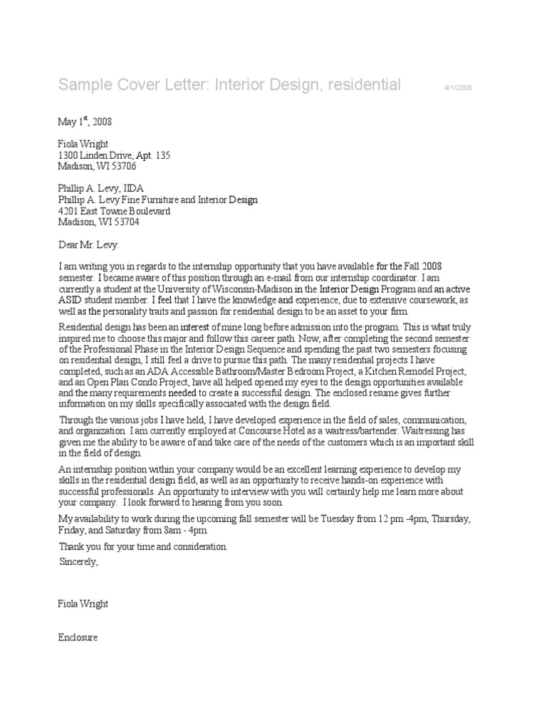 Sample Cover Letter: Interior Design, Residential | PDF