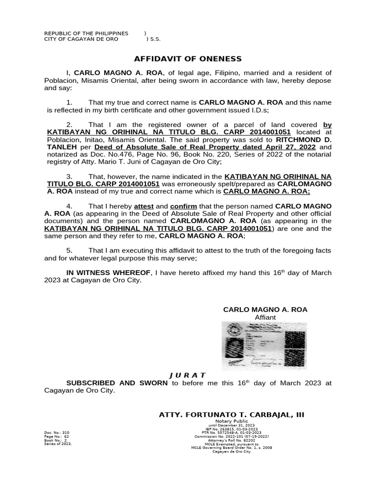 Affidavit of Oneness Name Title Deed of Sale Carlomagno Roa Tanleh ...