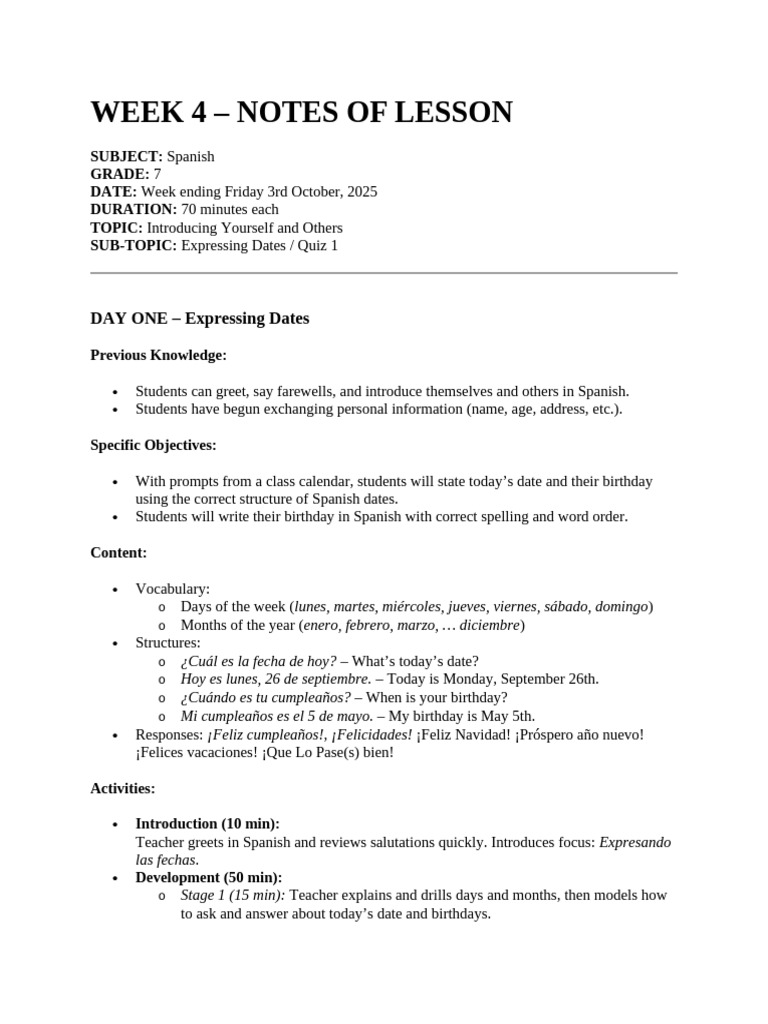 Week 4-Notes of Lesson-Spanish-Grade 7 | PDF | Linguistics | Learning