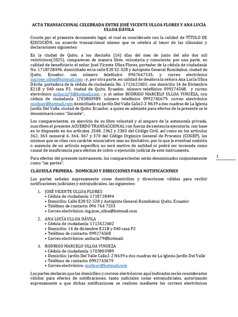 Acta Transaccional Celebrada Entre José Vicente Ulloa Flores y Ana ...