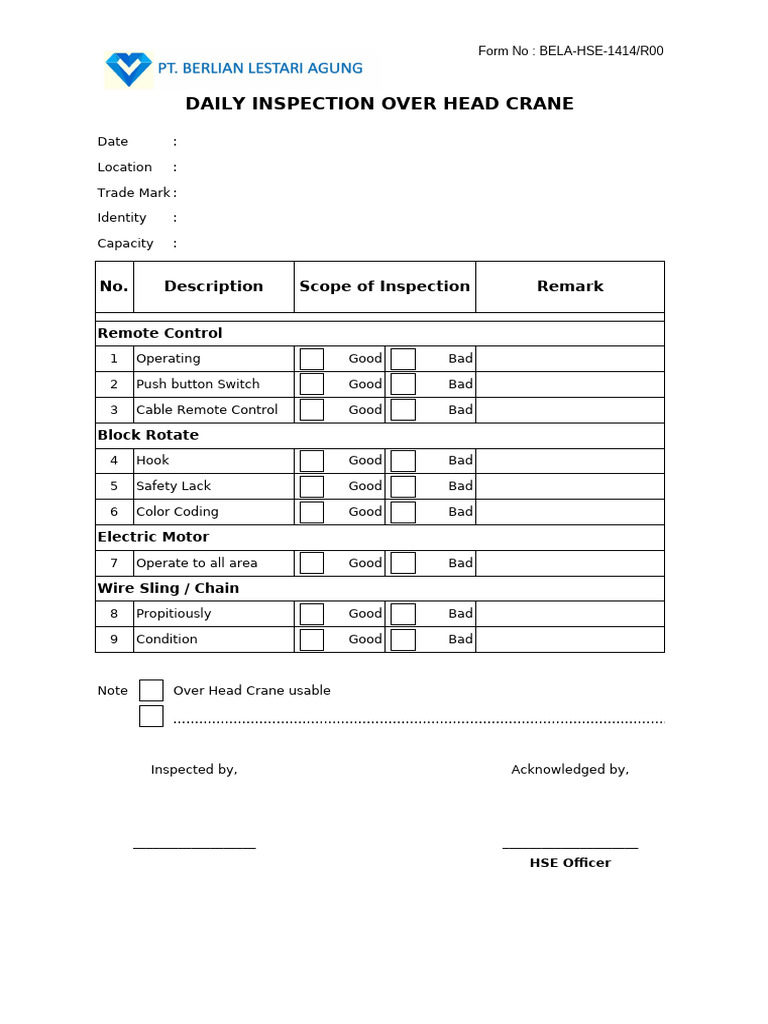 BJA-HSE-1414 Daily Inspection For Over Head Crane | PDF