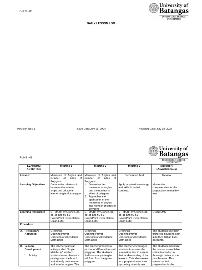 G7 Math (SHS) August 4-8, 2025 | PDF | Triangle | Teachers