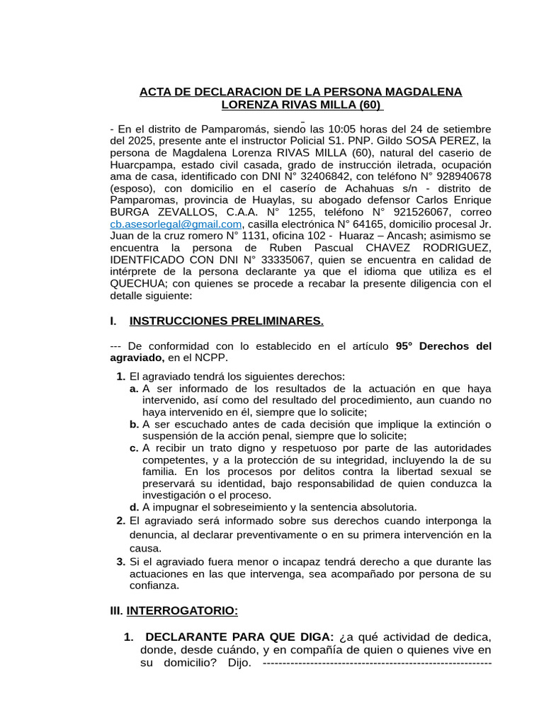 Acta de Declaracion de La Persona Magdalena Lorenza Rivas Milla | PDF
