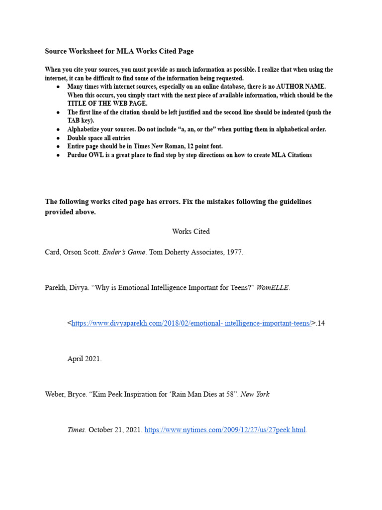 Ayden Goodwin - MLA Works Cited Practice | PDF