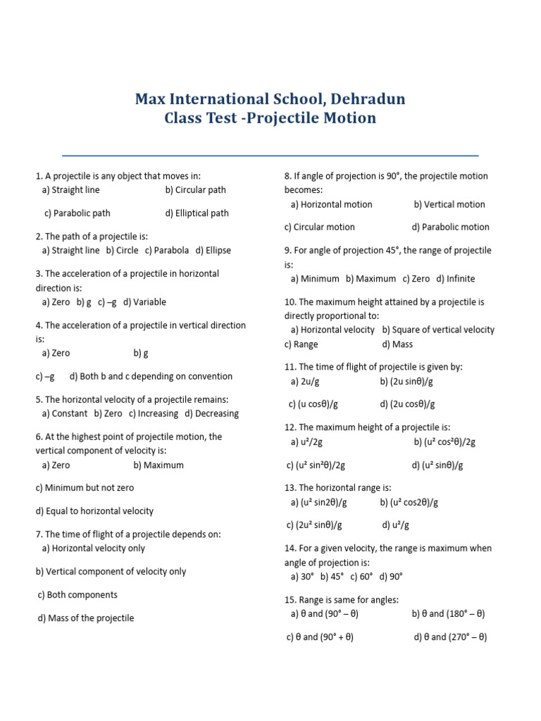 Projectile Motion Class 11 Test | PDF | Projectiles | Applied And ...