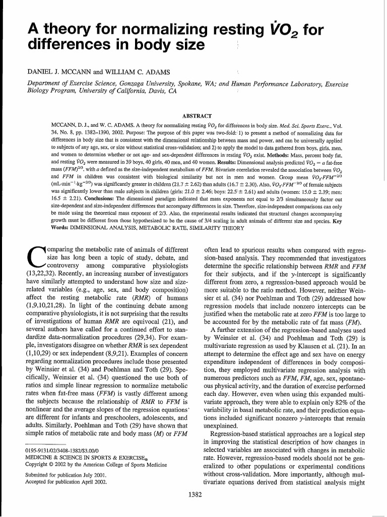 Normalizing Resting VO2 by Body Size | PDF | Quantity