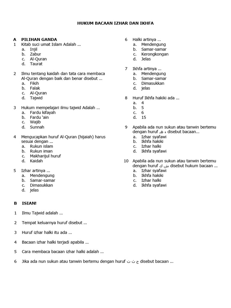 Hukum Bacaan Izhar dan Ikhfa dalam Tajwid | PDF