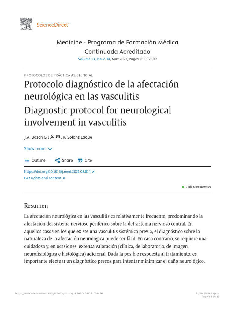 Protocolo Diagnóstico de La Afectación Neurológica en Las Vasculitis - ScienceDi | PDF ...