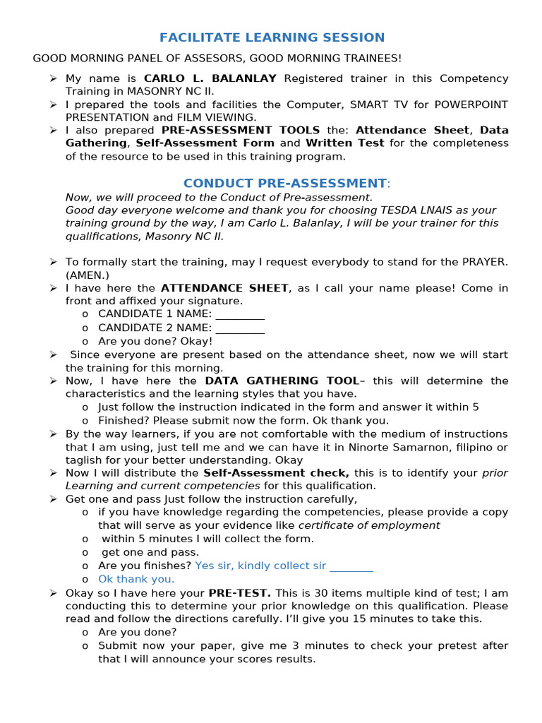 Facilitate Learning Session Script 1 | PDF | Learning