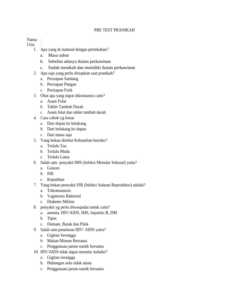 Pre Test Dan Post Test Pranikah | PDF