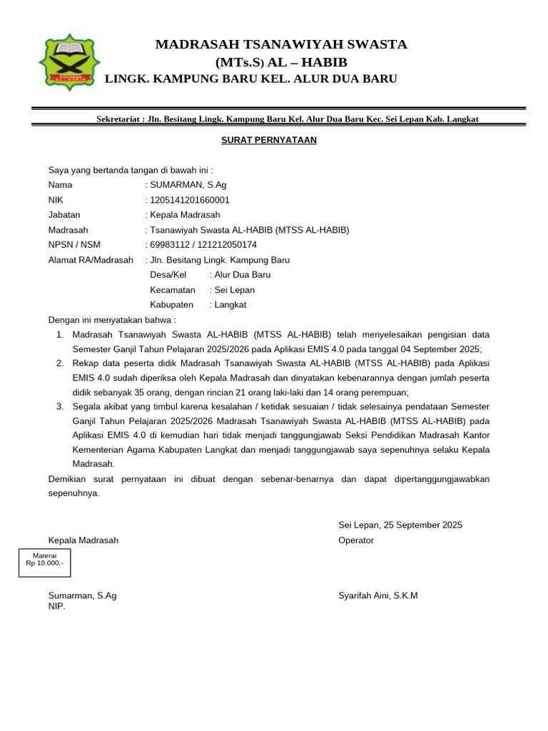 Form Surat Pernyataan Bap Mts 2025 | PDF