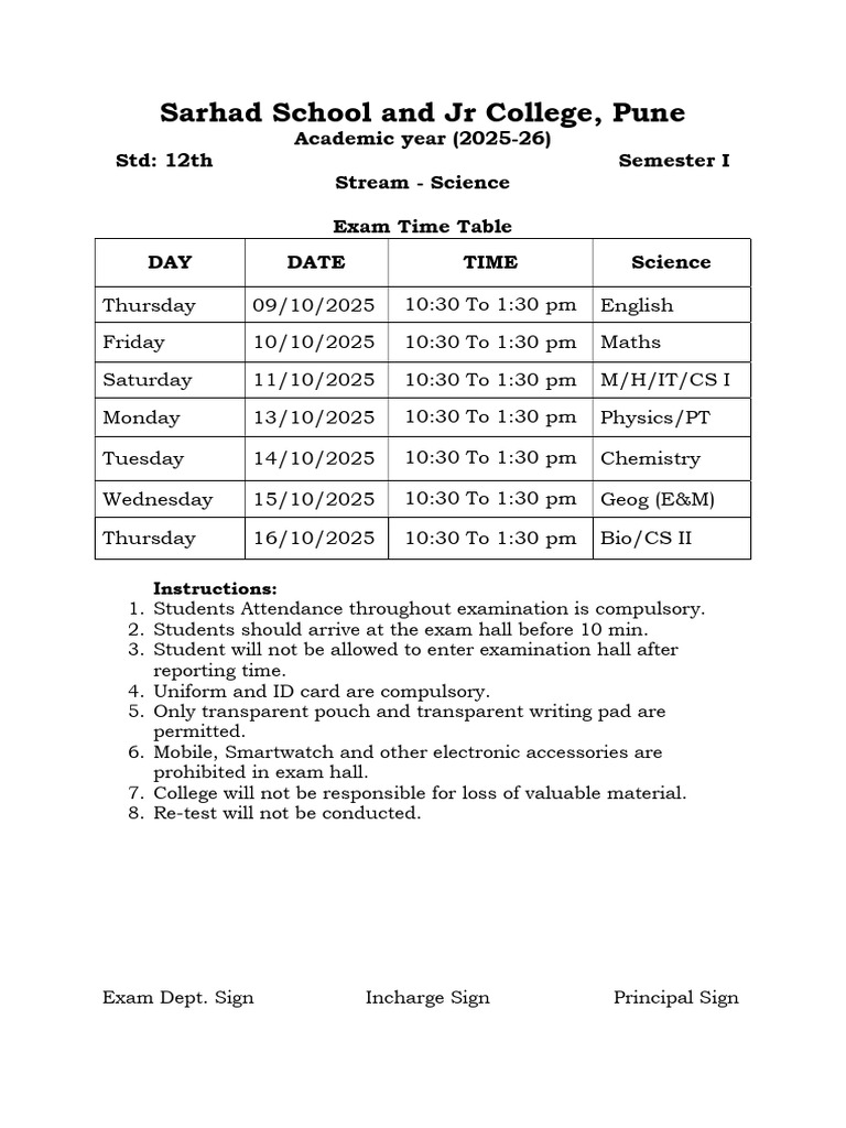 Sem Time Table Science | PDF
