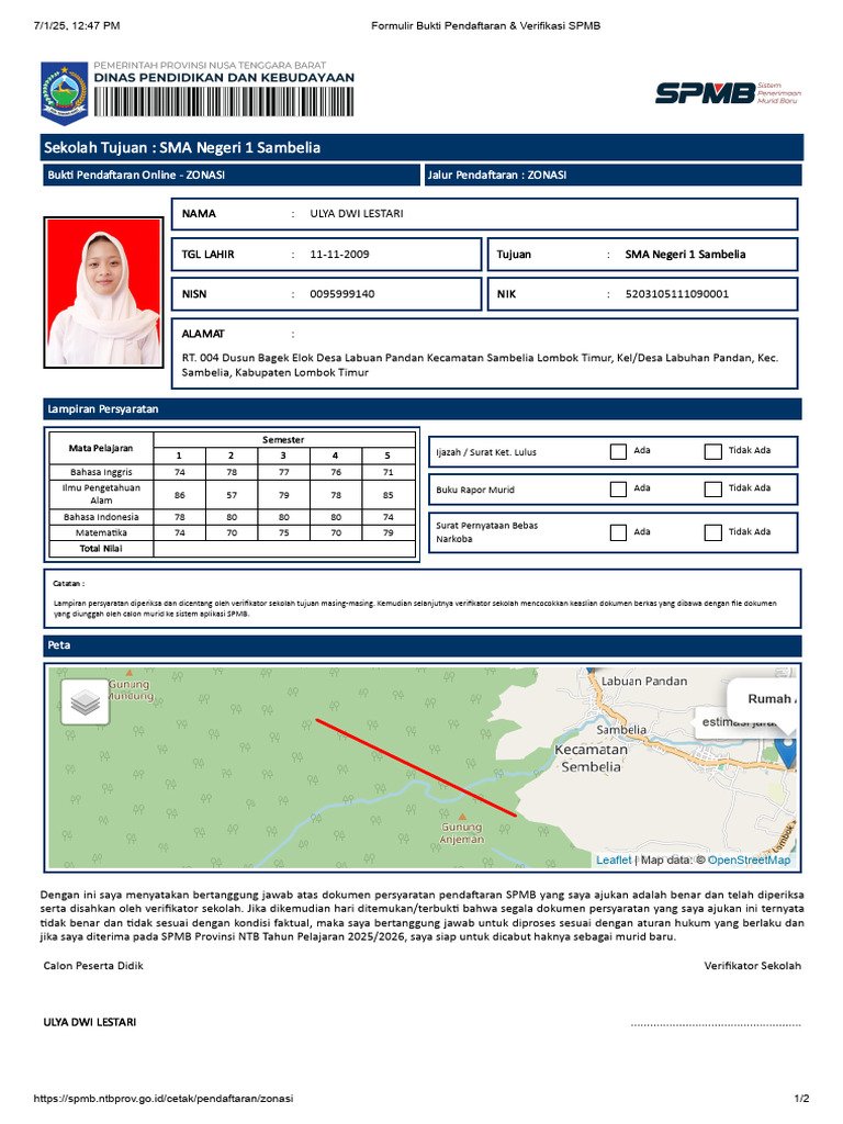Ulya Dwi Lestari - Formulir Bukti Pendaftaran & Verifikasi SPMB | PDF