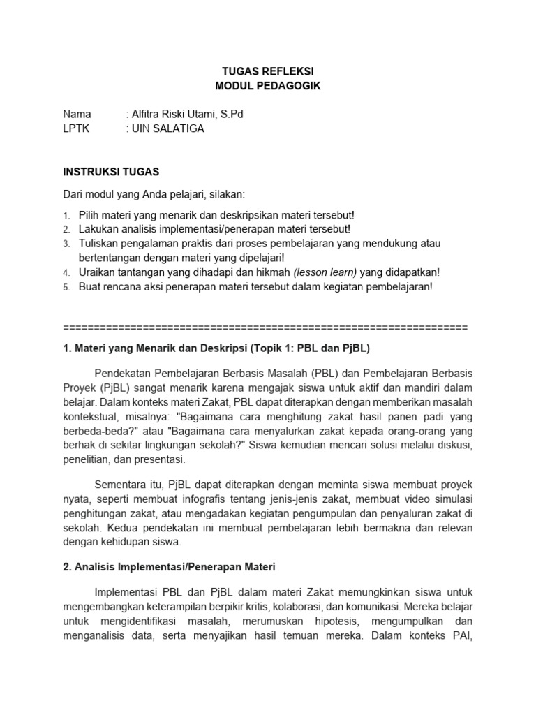 Tugas Refleksi Modul Pedagogik Alfitra | PDF