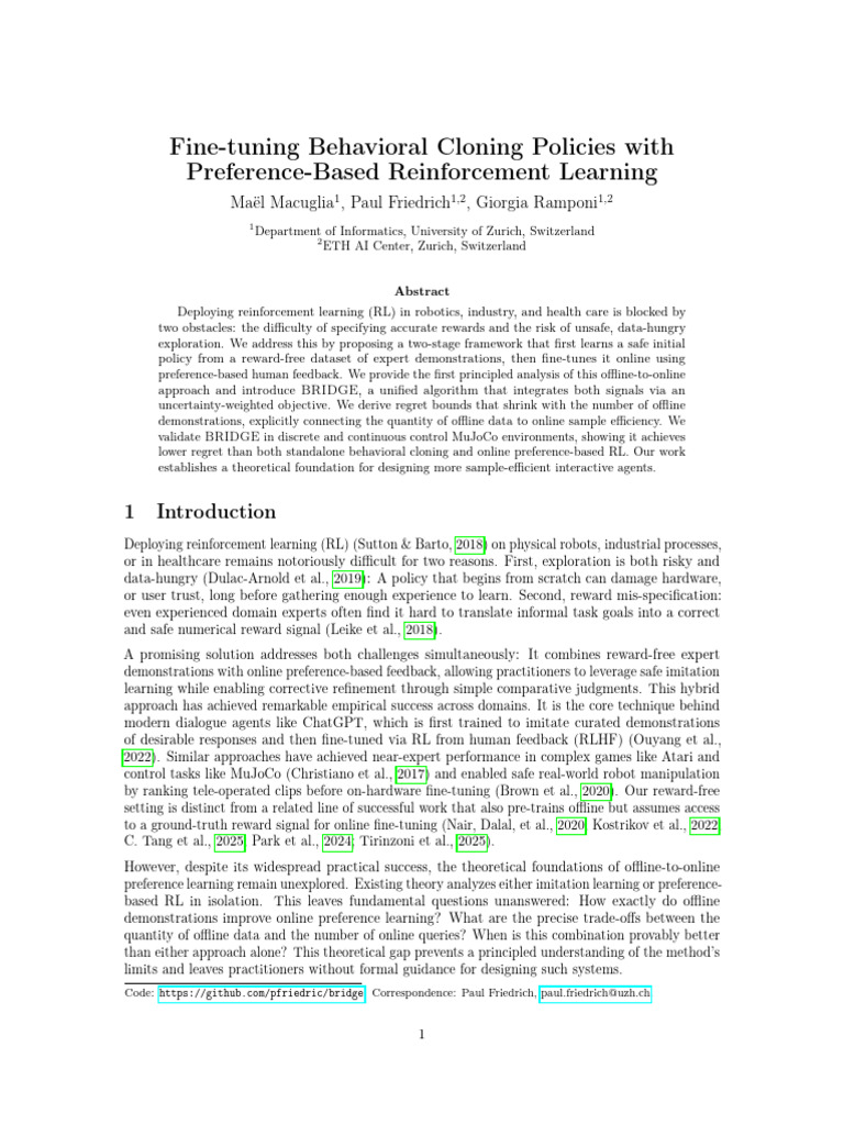 Fine-Tuning Behavioral Cloning Policies With Preference-Based Reinforcement Learning | PDF ...