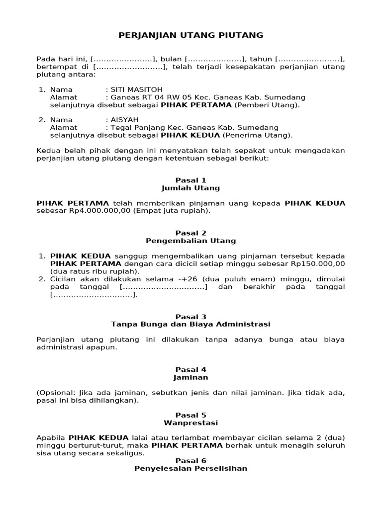 Perjanjian Utang Piutang Siti dan Aisyah | PDF