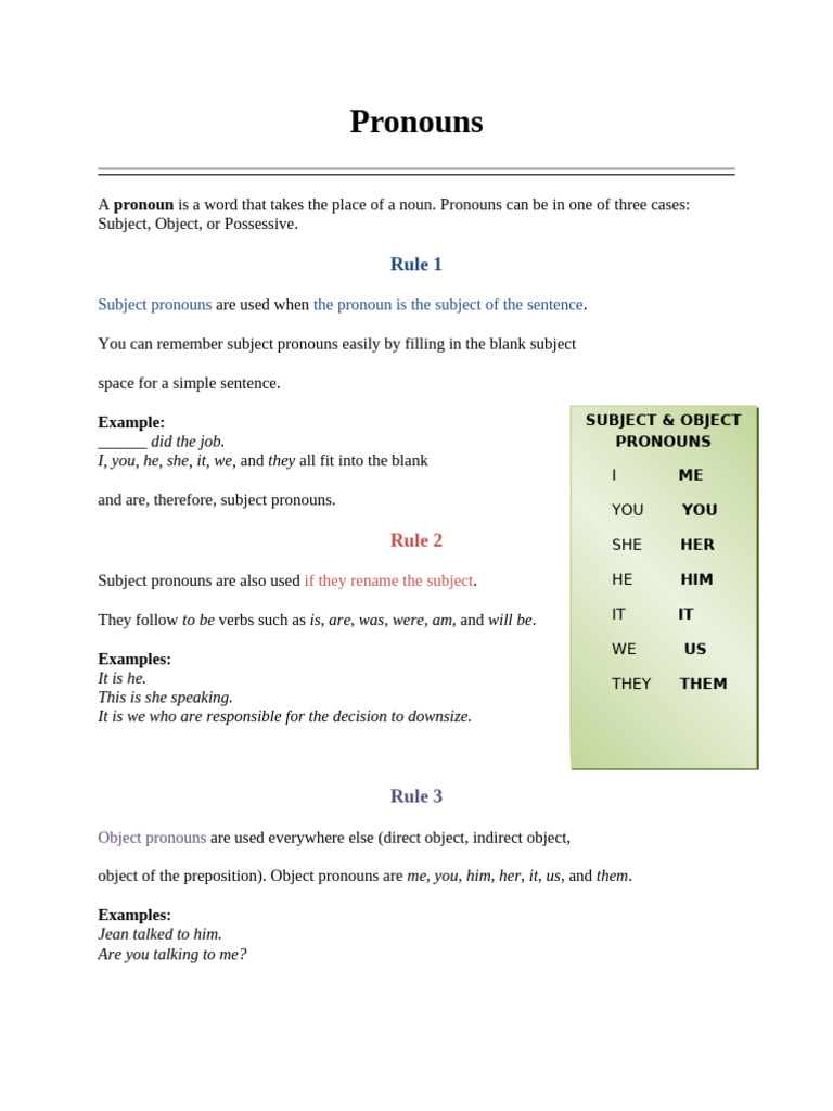 Understanding Subject and Object Pronouns | PDF