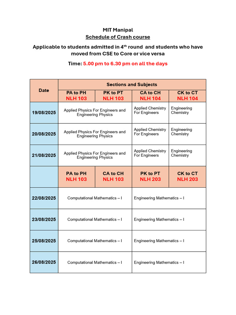 Remedial Sessions Schedule Aug2025 | PDF | Engineering | Physics