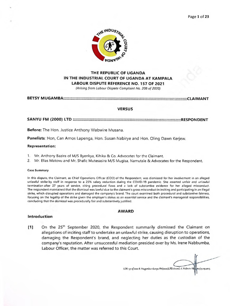 Betsy Mugamba V Sanyu FM (2000) Limited 2025 UGIC 70 (9 September 2025 ...