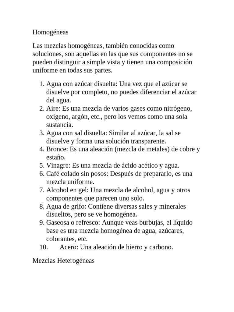 10 Mezclas Homogéneas y 10 Heterogéneas Mezclas Homogéneas | PDF