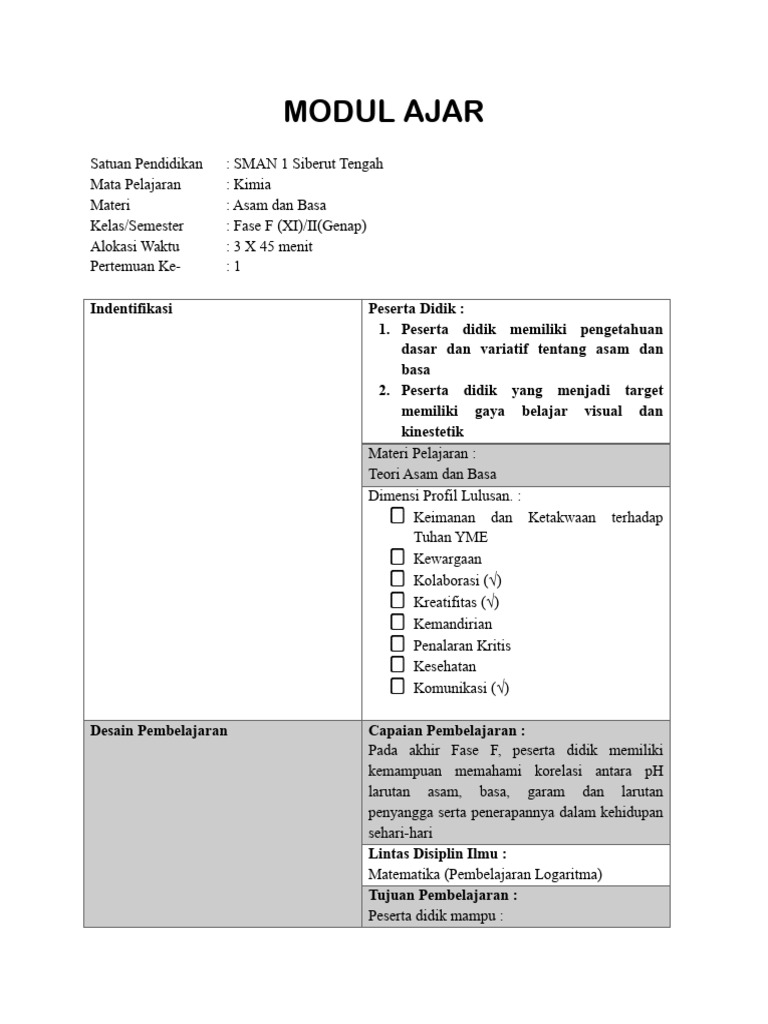 Modul Ajar Kimia Teori Asam Basa Deep Learning | PDF