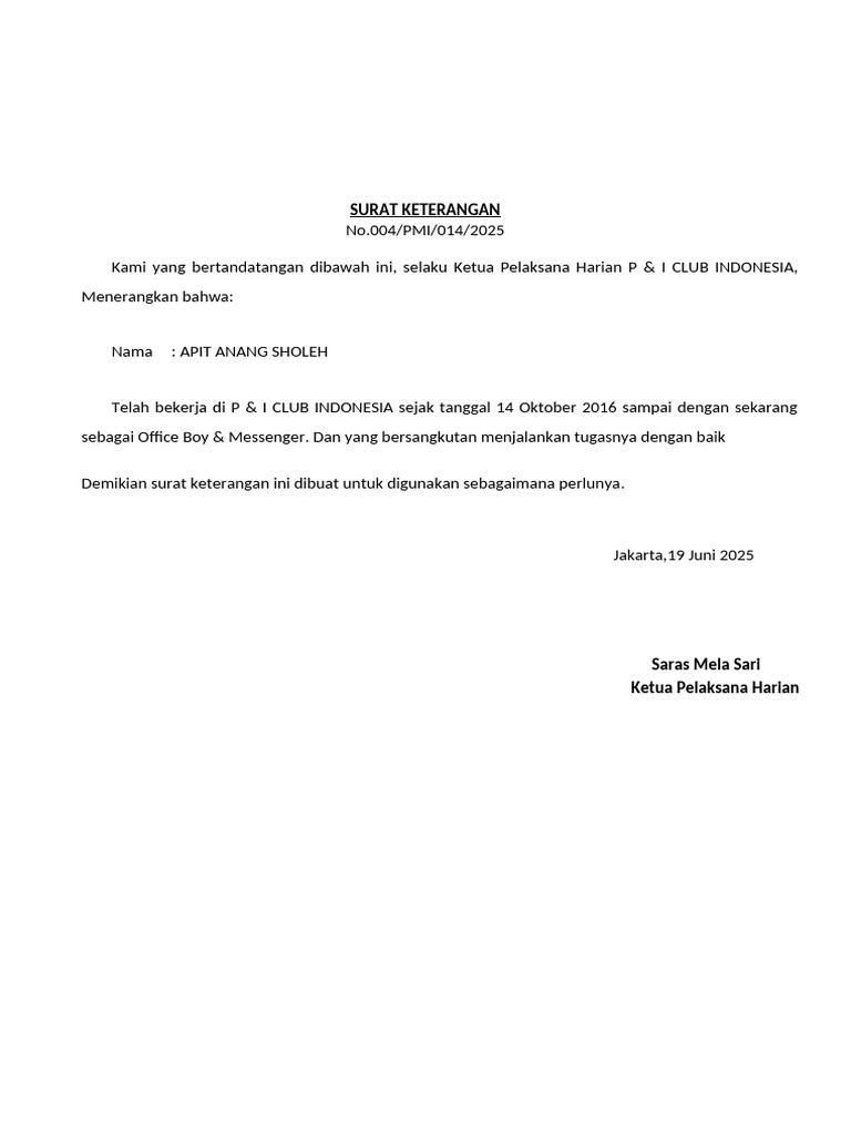 Surat Keterangan Kerja P&I Club Indonesia | PDF