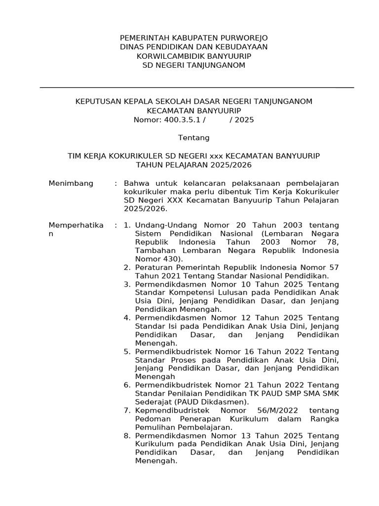 SK Tim Kerja Kokurikuler | PDF