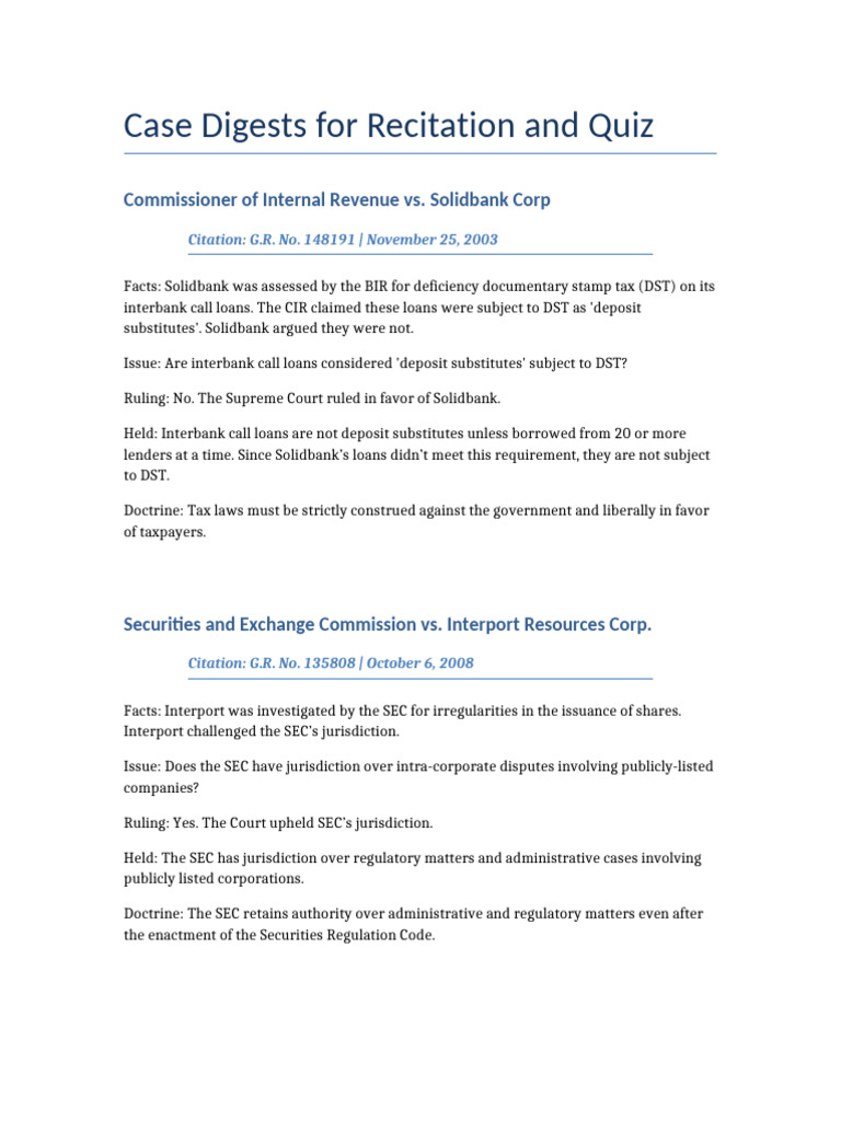 Case Digests on Tax and Regulatory Law | PDF | Supreme Court Of The ...