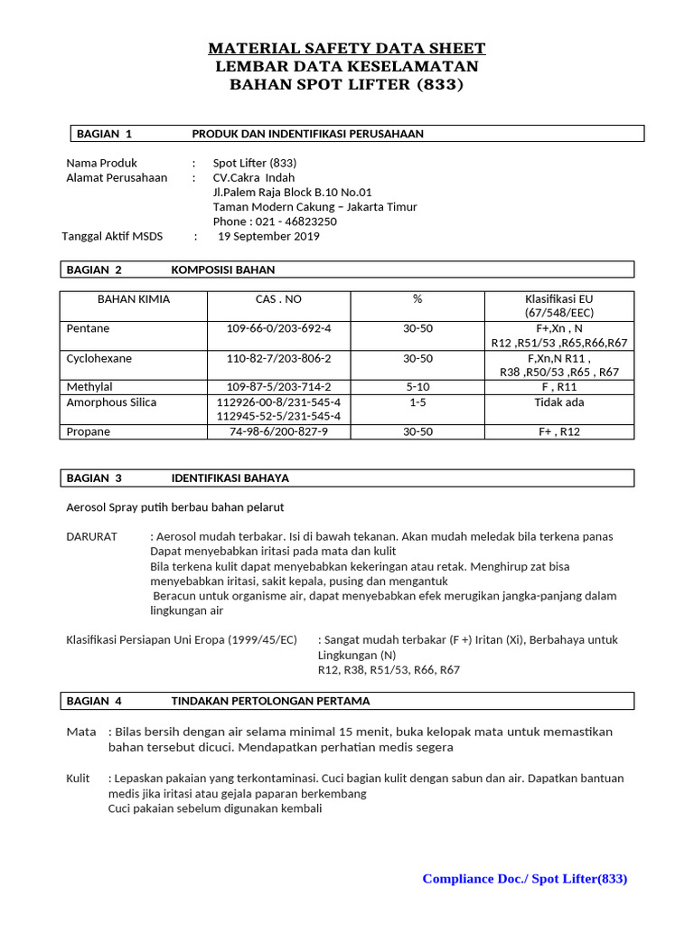 MSDS Spot Lifter 833 | PDF