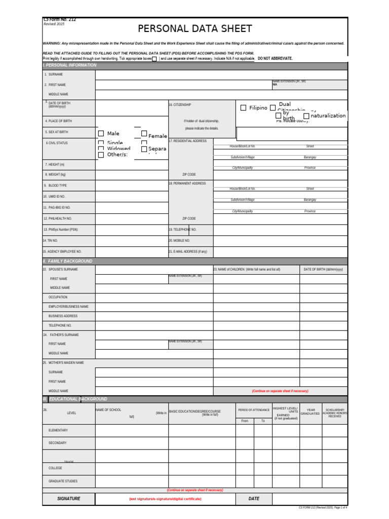 NEW CS Form No. 212 Revised 2025 - Personal Data Sheet | PDF | Government And Personhood ...