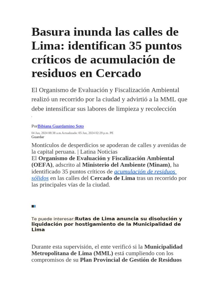 Basura en Lima: 35 puntos críticos detectados | PDF | Residuos | Lima
