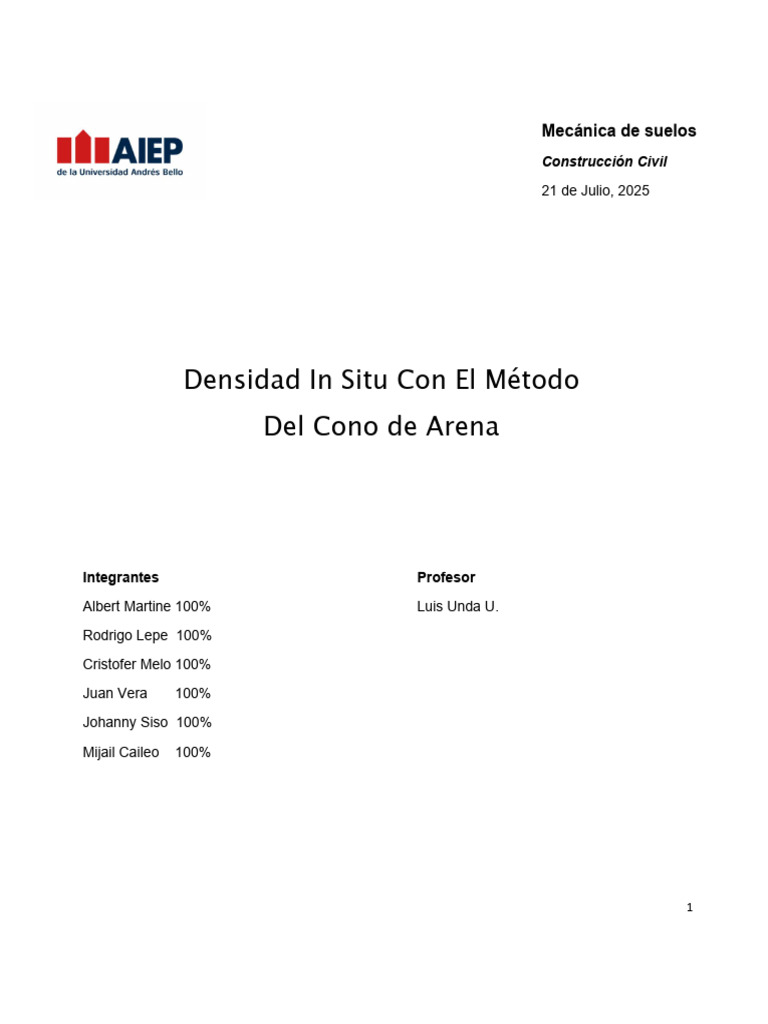 Informe Mecanica de Suelos - Trabajo N°1 | PDF | Densidad | Laboratorios