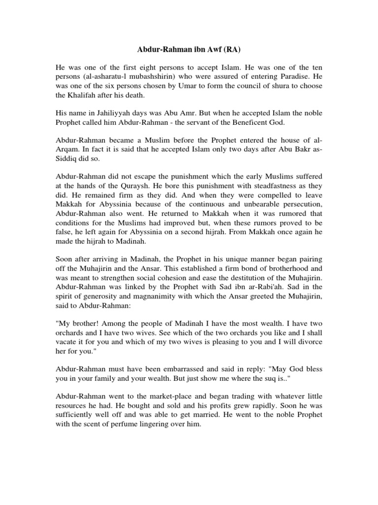 Life of Hazrat Abdur-Rahman Ibn Awf (RA) | PDF | Muhammad | Medina