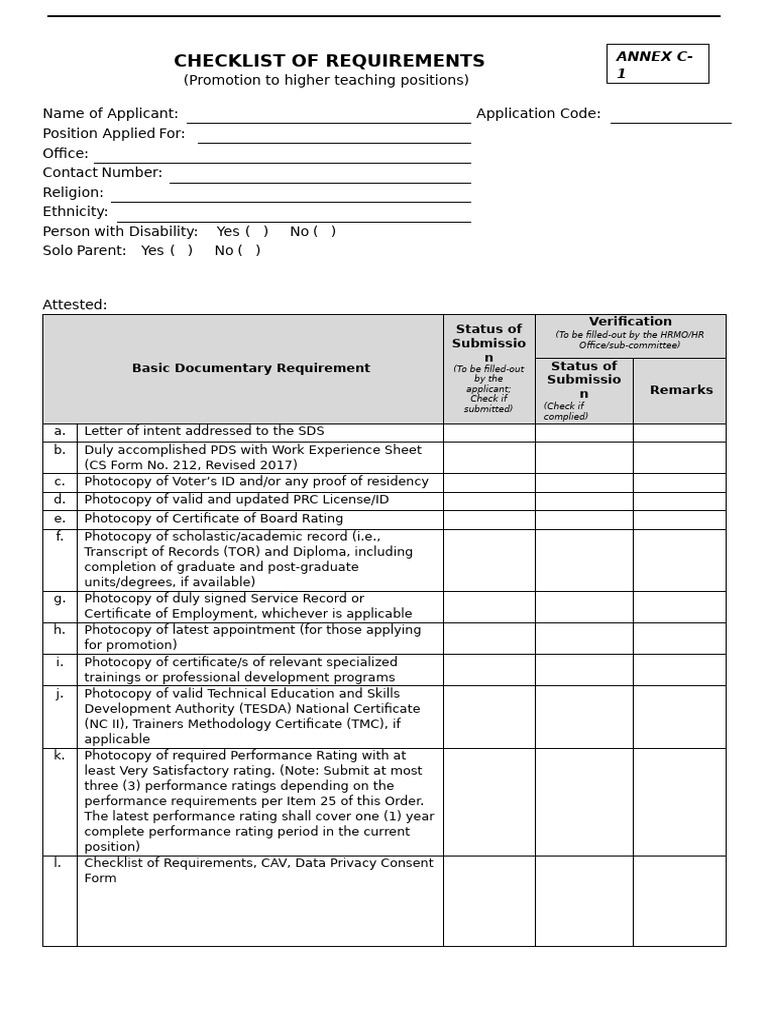 CHECKLIST-OF-REQUIREMENTS-OMNIBUS-SWORN-STATEMENT-HIGHER-TEACHING-POSITIONS-ANNEX-C-1 New | PDF