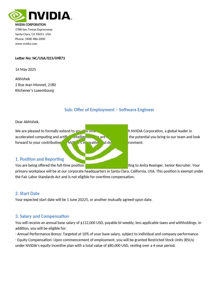 NVIDIA Software Engineer Offer Letter | PDF | Employment | Salary