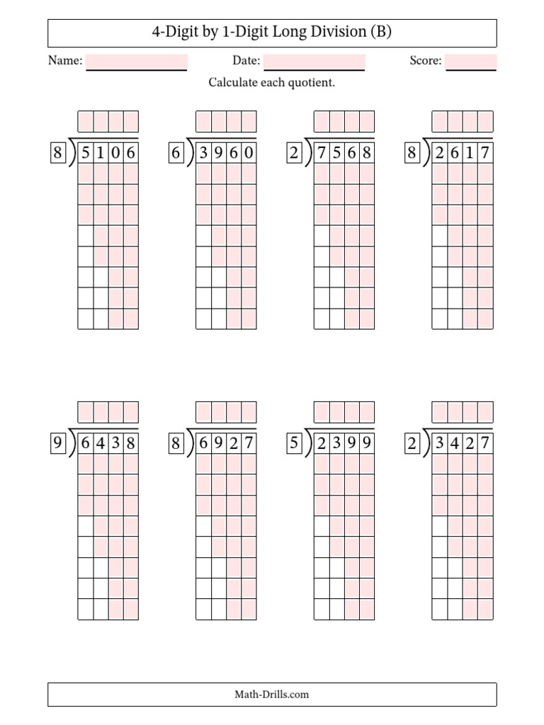 Division Long Grid 1digit Divisor 4digit Dividend Remainders 002. ...